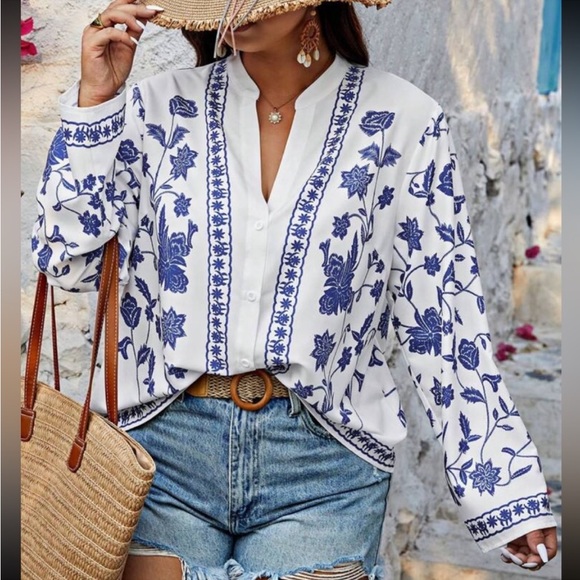 Tops | Boho Plus Size Floral Print Top Blouse Button Down Shirt White ...